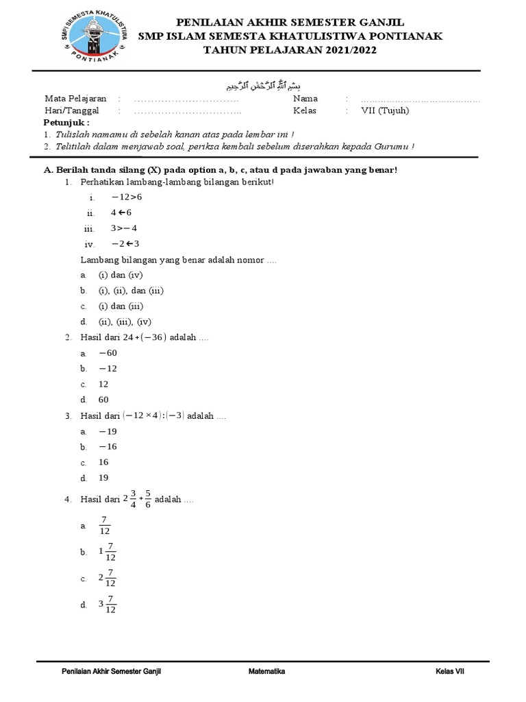 PAS MTK Kelas 7 SMP | PDF