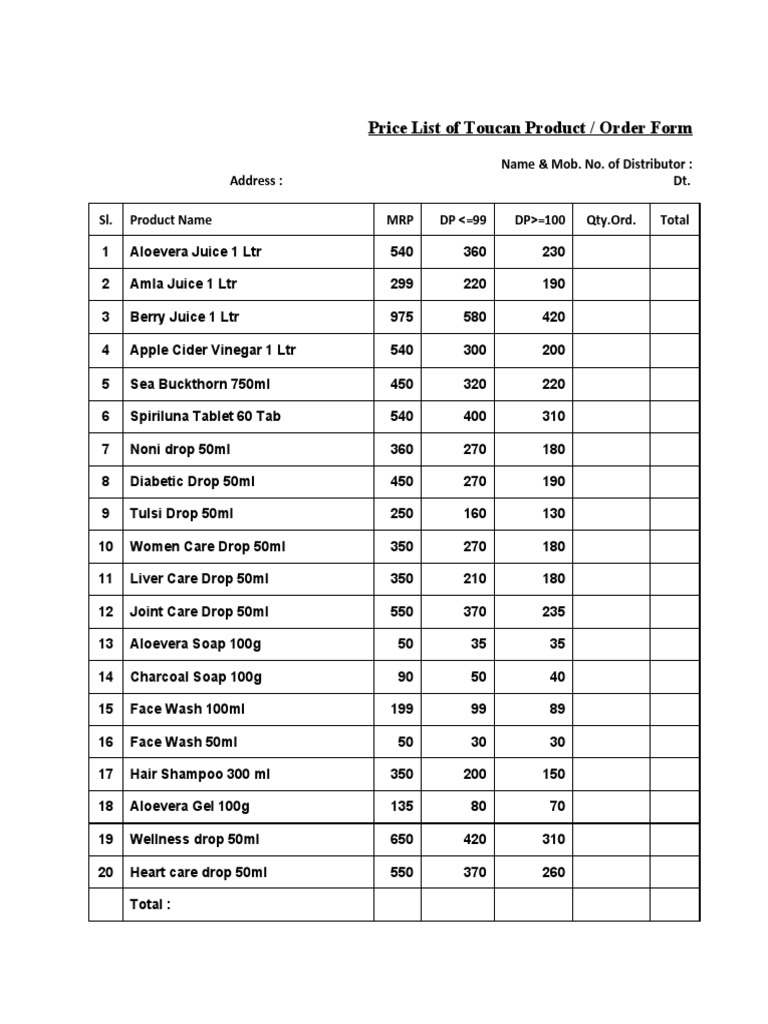Price List of Toucan Product-1 | PDF