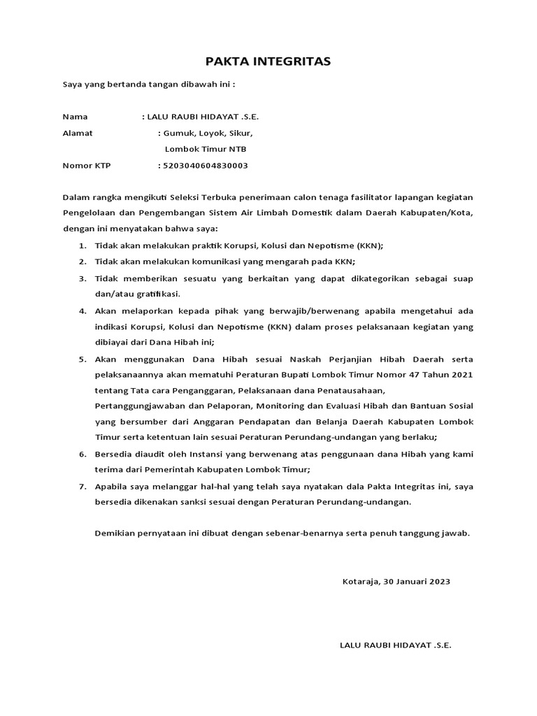 Pakta Integritas | PDF