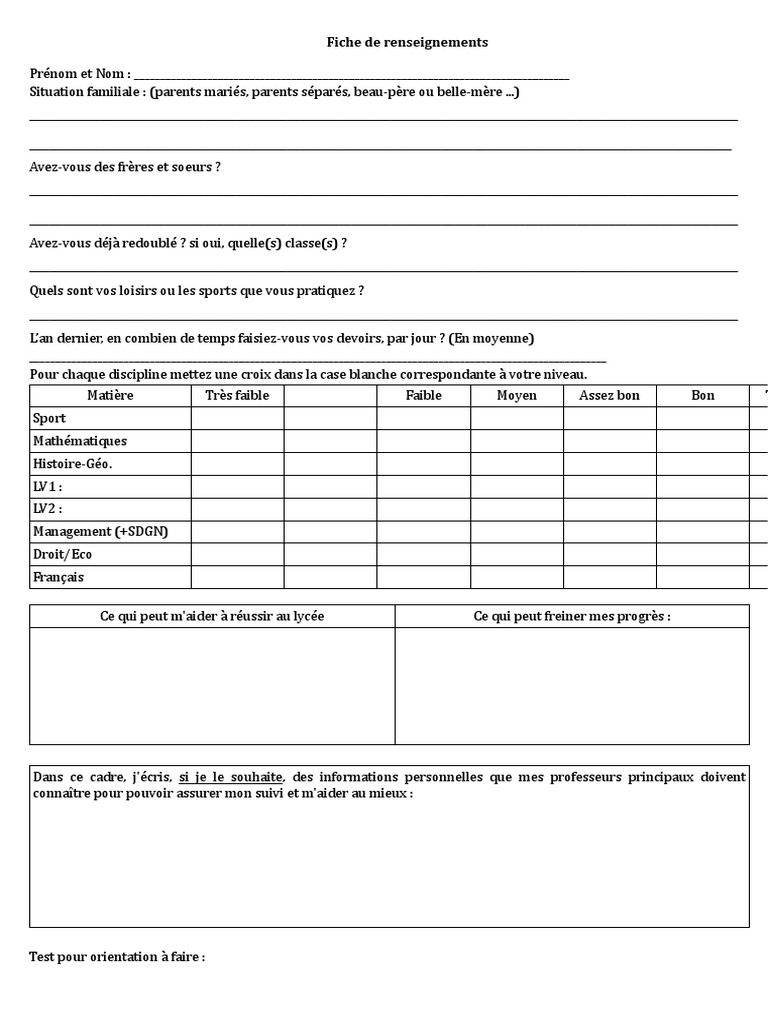 Fiche de Présentation Élève Rentrée | PDF