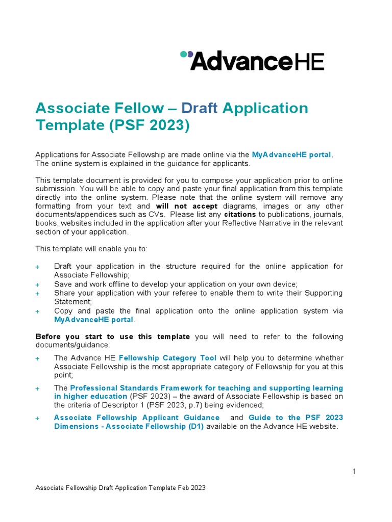 Draft Application Template - Associate Fellowship February 2023 ...