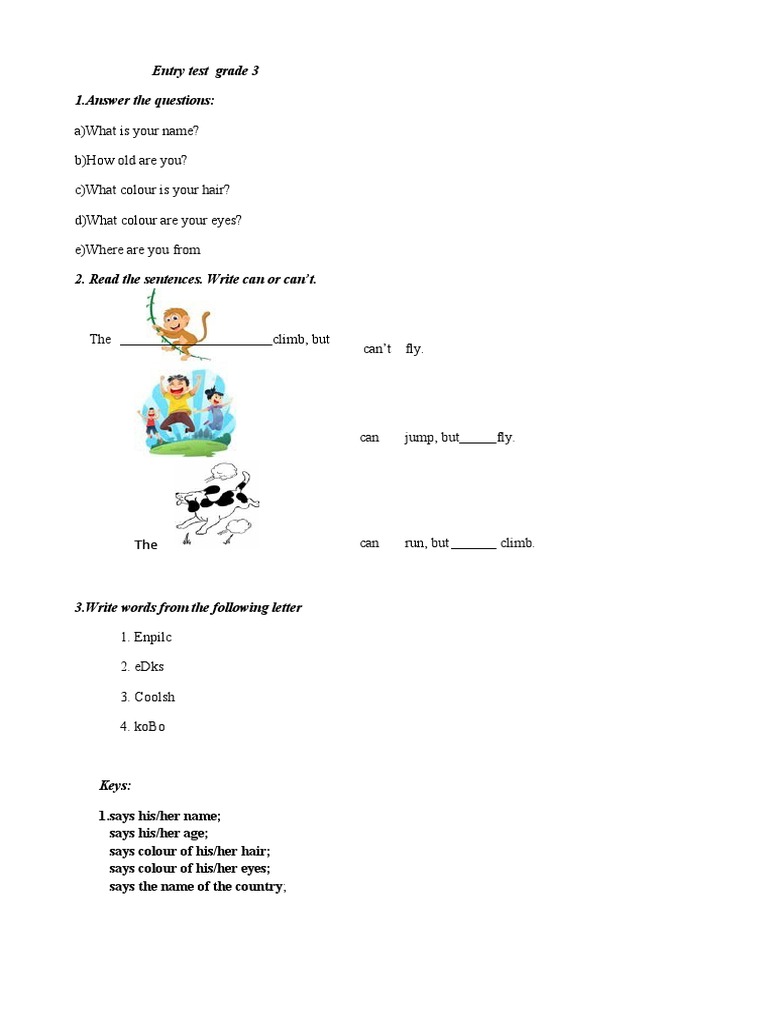 Entry Test Grade 3 | PDF | Language Arts & Discipline