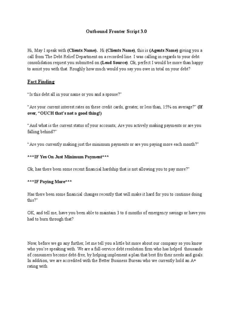 Outbound Fronter Script 3.0 | PDF | Debt | Banking
