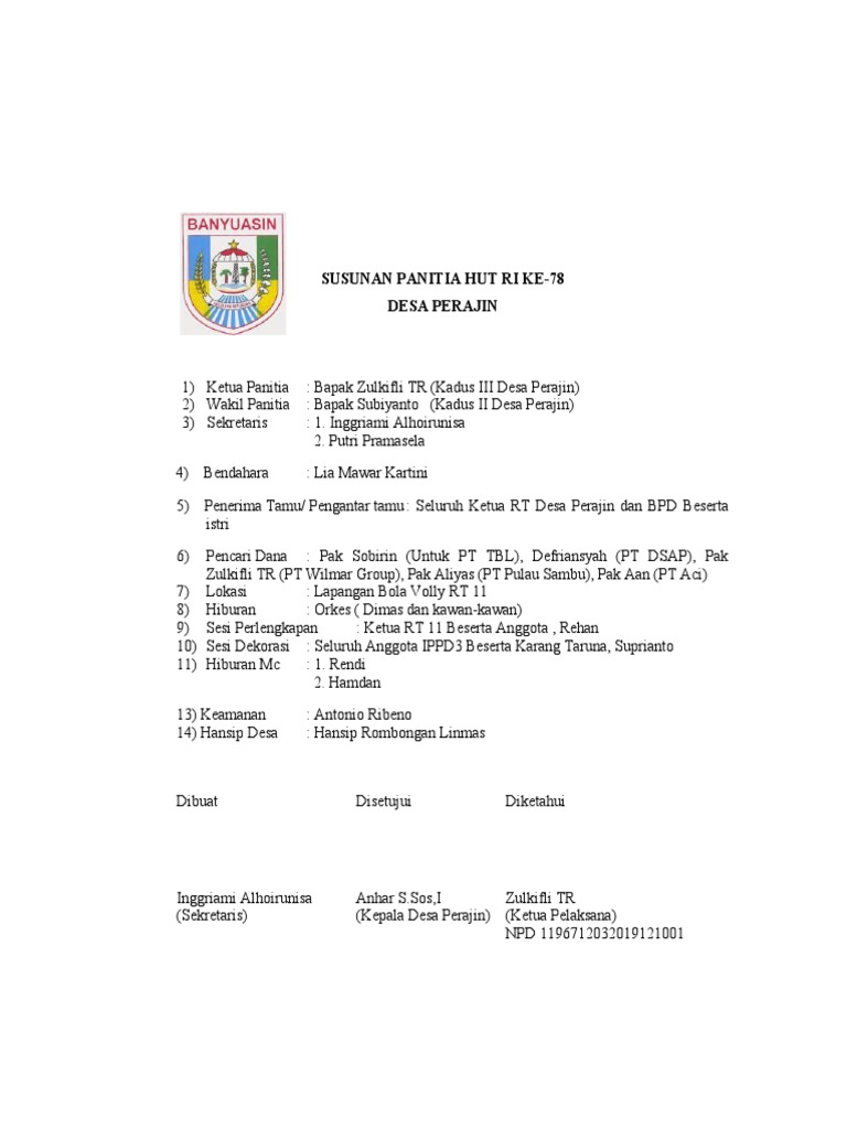 Susunan Panitia Hut Ri Ke 78 | PDF
