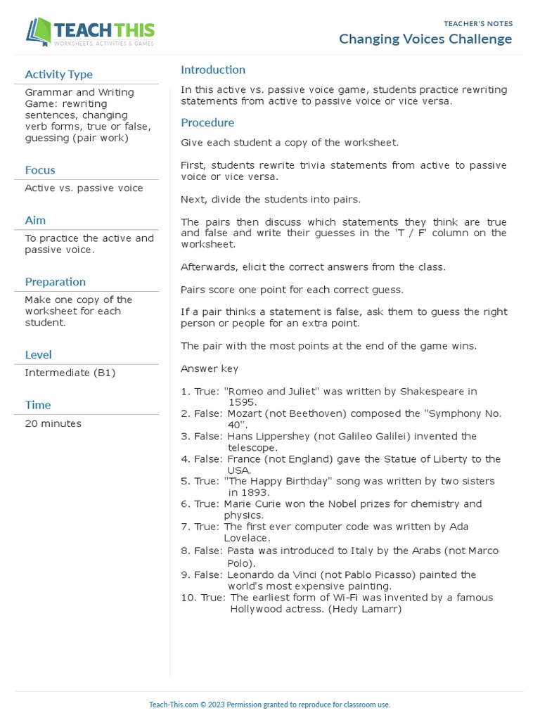 Active vs. Passive Voice Game Guide | PDF