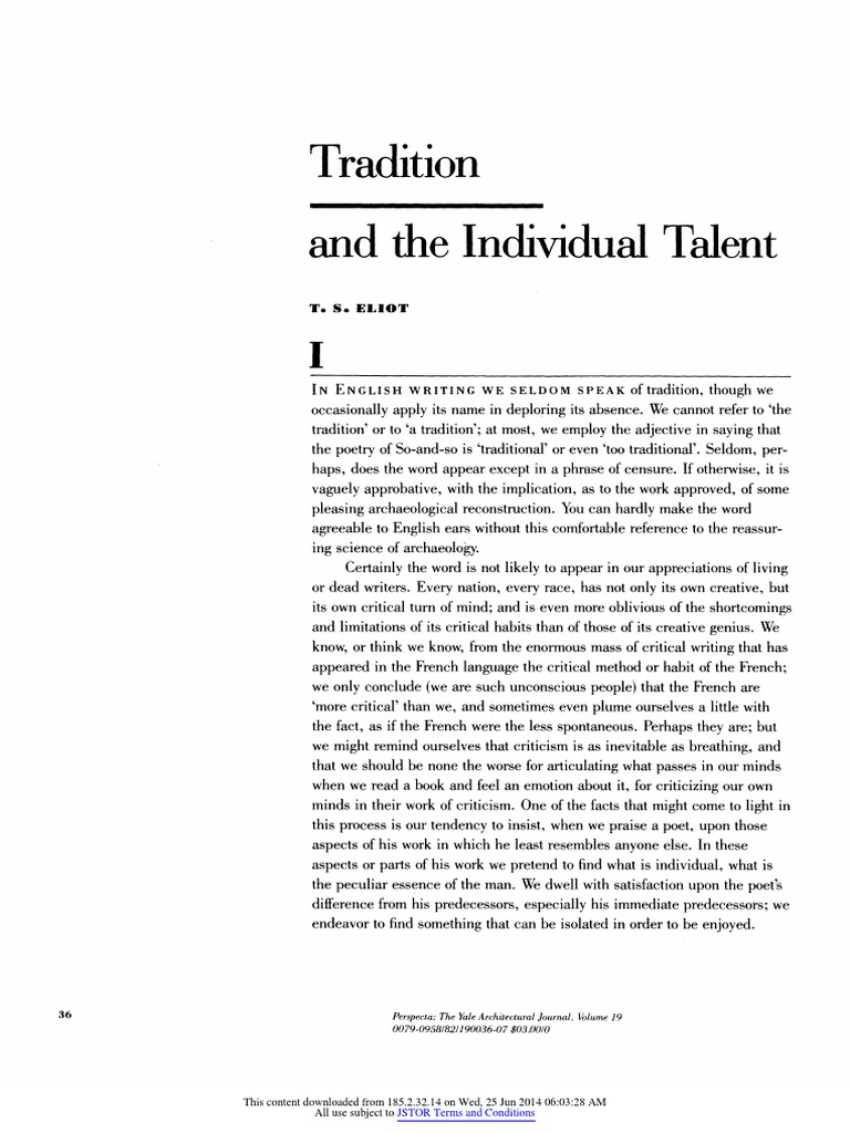 Tradition and The Individual Talent - TS Eliot | PDF | The Arts