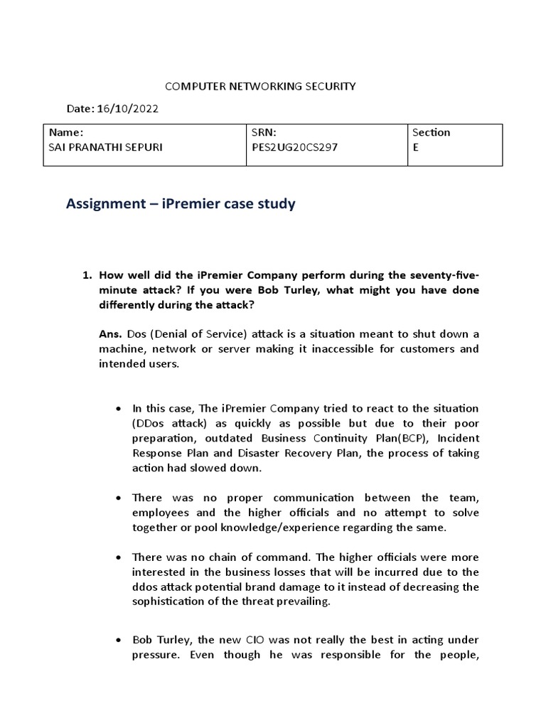 Assignment - Ipremier Case Study | PDF | Denial Of Service Attack ...