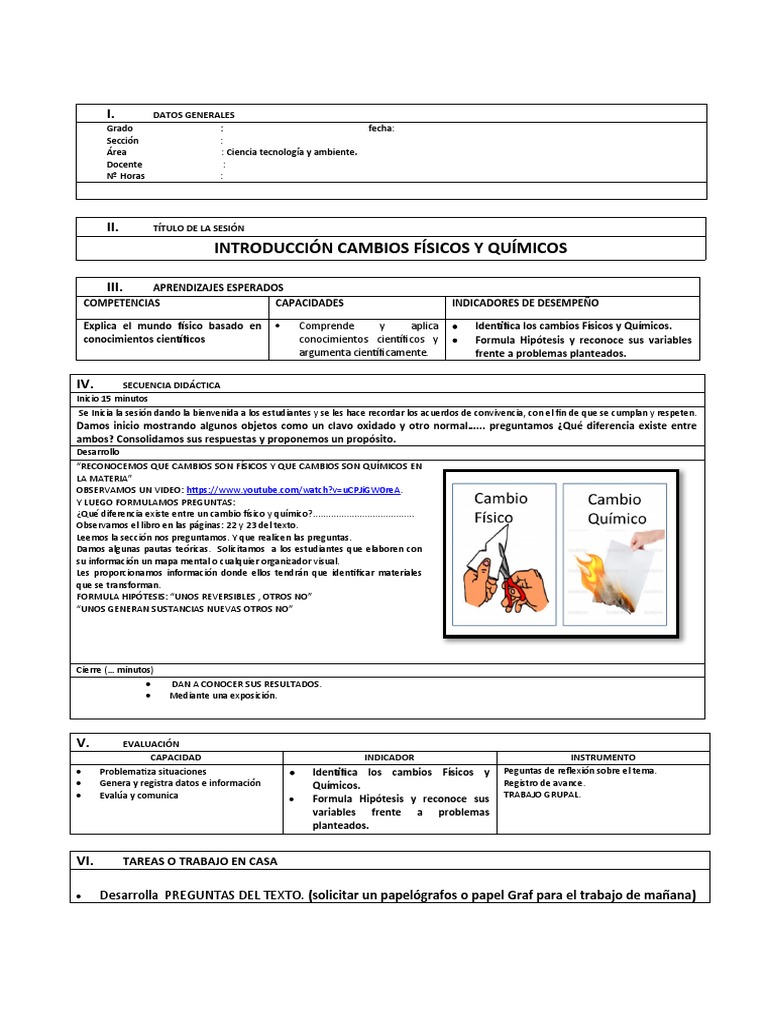 Sesion de Aprendizaje de Introducción Cambios Físicos y Químicos | PDF ...