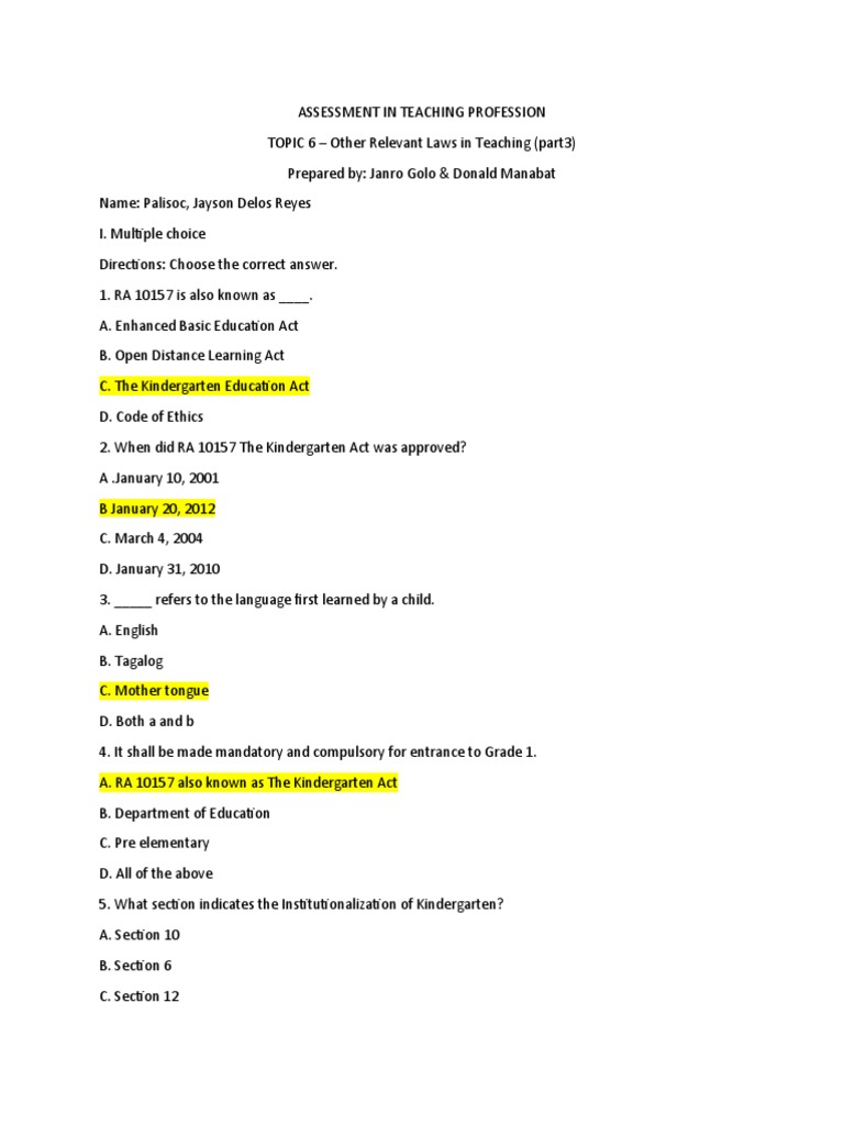 Jayson Palisoc ASSESSMENT IN TEACHING PROFESSION | PDF | Kindergarten ...