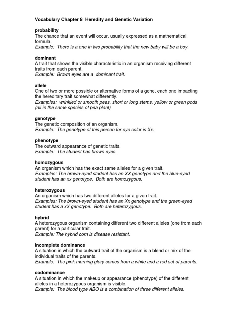 Biology-Chapter-8-Vocabulary | PDF | Genotype | Dominance (Genetics)