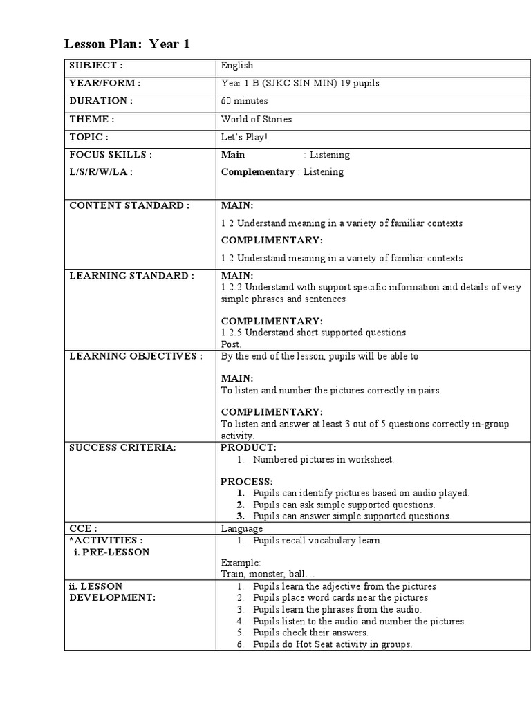 Year 1 English Lesson Plan: Let's Play! | PDF