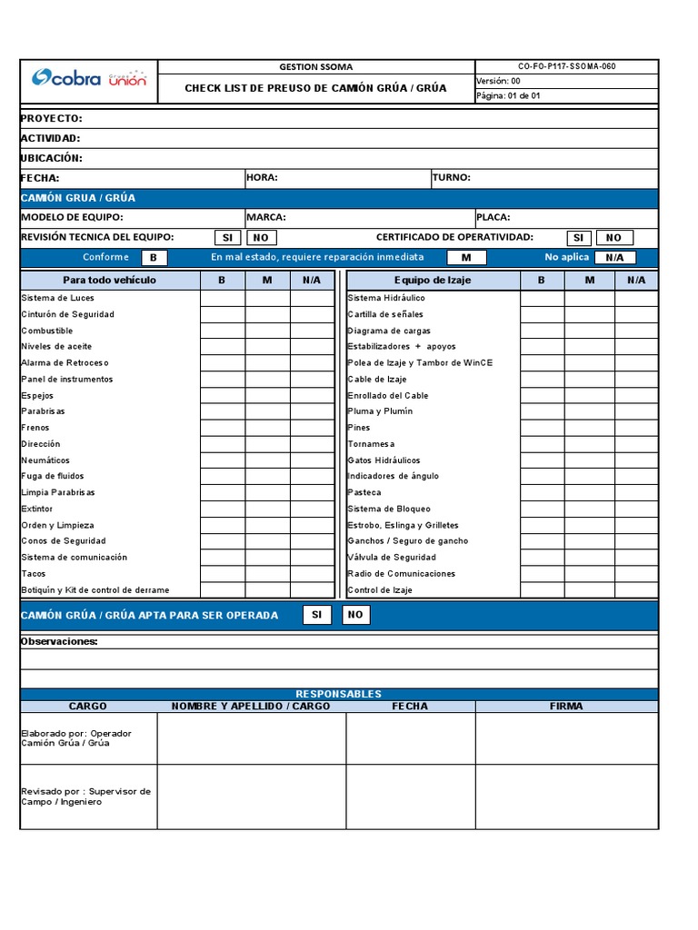 CO-FO-P117-SSOMA-060 Check List de Preuso de Camión Grúa-Grúa | PDF ... CO-FO-P117-SSOMA-060 Check List de Preuso de Camión Grúa-Grúa | PDF ...