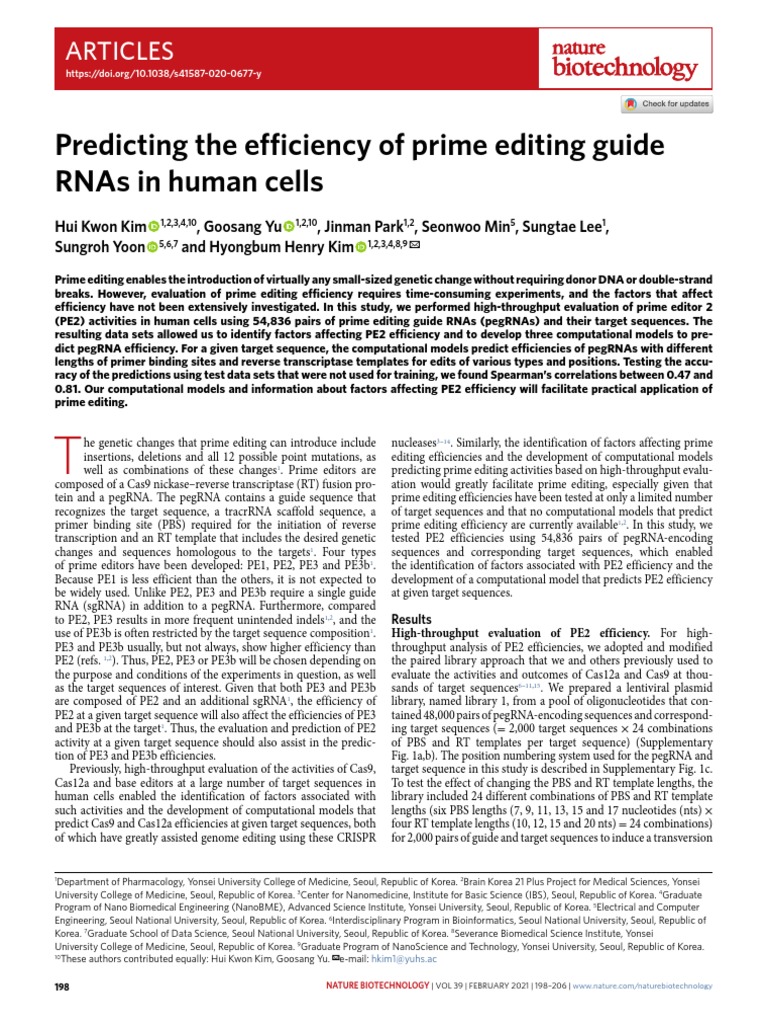 Predicting The Efficiency of Prime Editing Guide RNAs in Human Cells ...