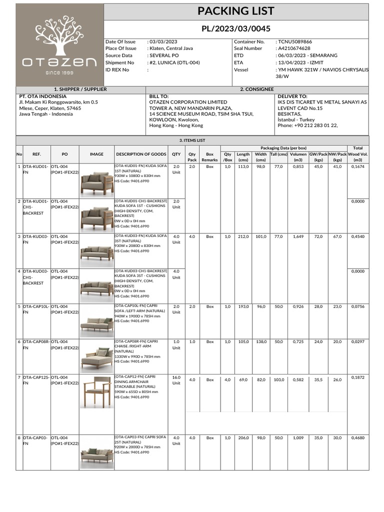 Packing List - OTAZEN HK - PL - 2023 - 03 - 0045 | PDF