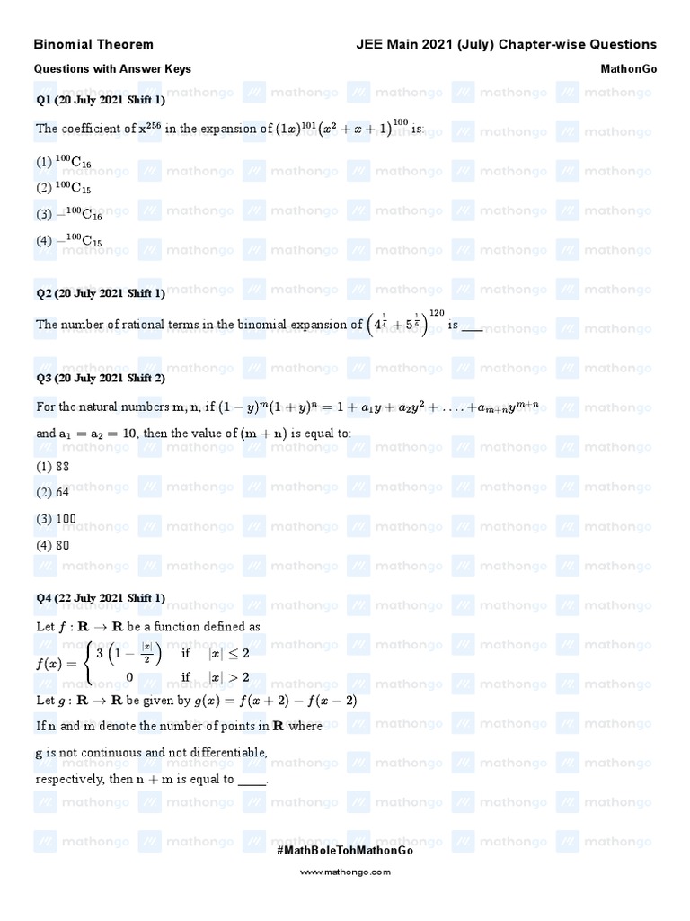 Binomial Theorem - JEE Main 2021 July Chapter-Wise - MathonGo | PDF | Complex Analysis | Number ...