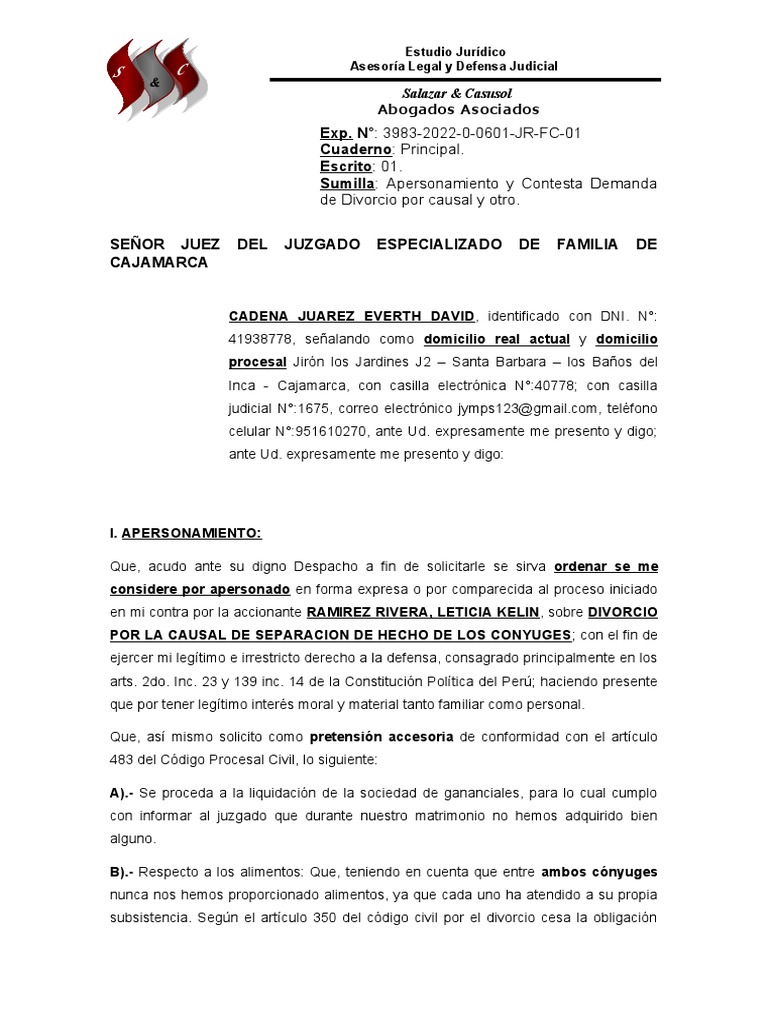 Contestacion De Demanda De Divorcio Pdf