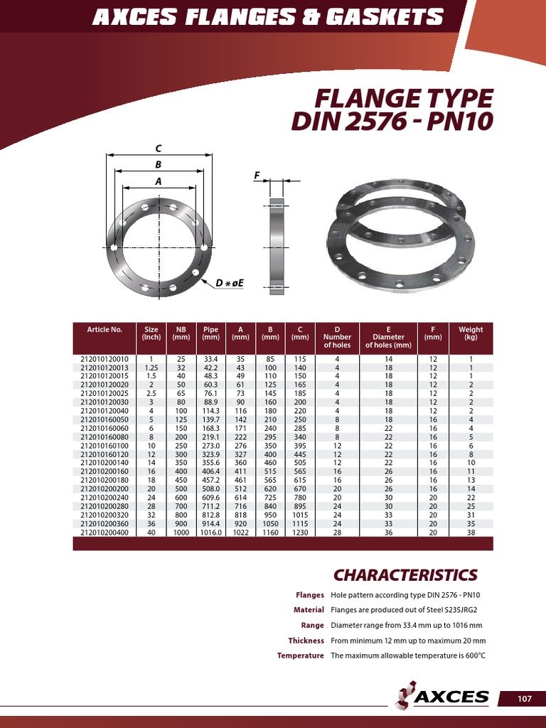 Axces DIN2576 PN10 Flanges | PDF | Industrial Processes | Manufactured ...