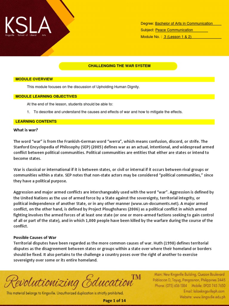 Peace Comm Mod 3 Lessons 1 2 Ba Comm 1 | PDF | Chemical Warfare ...