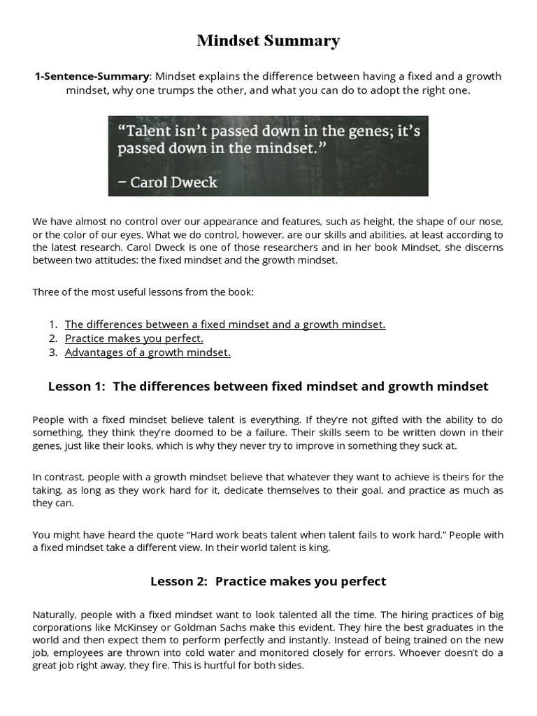Carol Dweck - Mindset - Summary | PDF | Mindset | Psychology