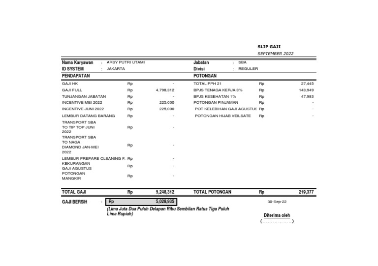 Slip Gaji Sba Unilever September 2022 - Arsy Putri Utami | PDF
