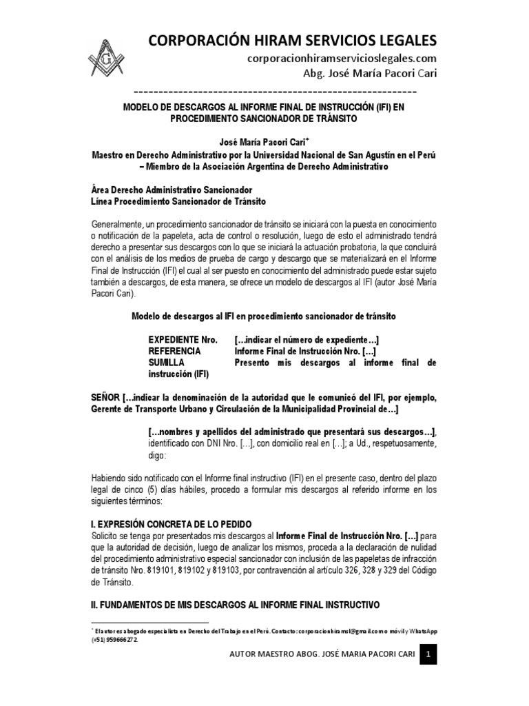 Modelo Descargos Al IFI en Procedimiento Sancionador de Tránsito - Autor José María Pacori Cari ...
