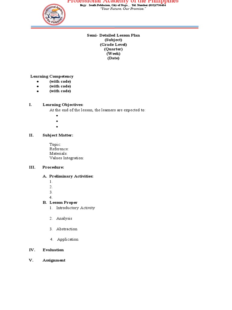 Semi-Detailed Lesson Plan Template | PDF