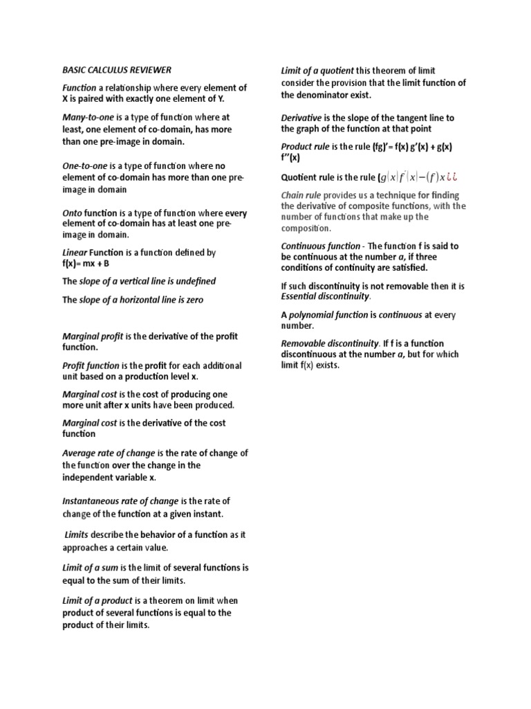 Basic Calculus Notes | PDF | Derivative | Function (Mathematics)