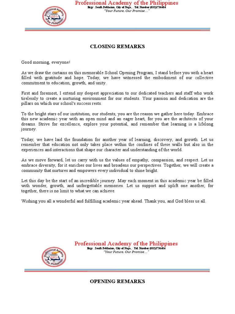 SHS-Student Orientation - Closing Remarks | PDF | Cognition