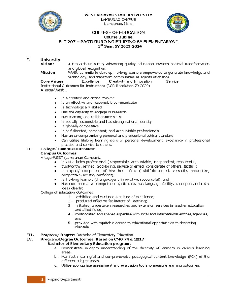 Course Outline Pagtuturo NG Filipino Sa Elementarya I | PDF | Tagalog ...