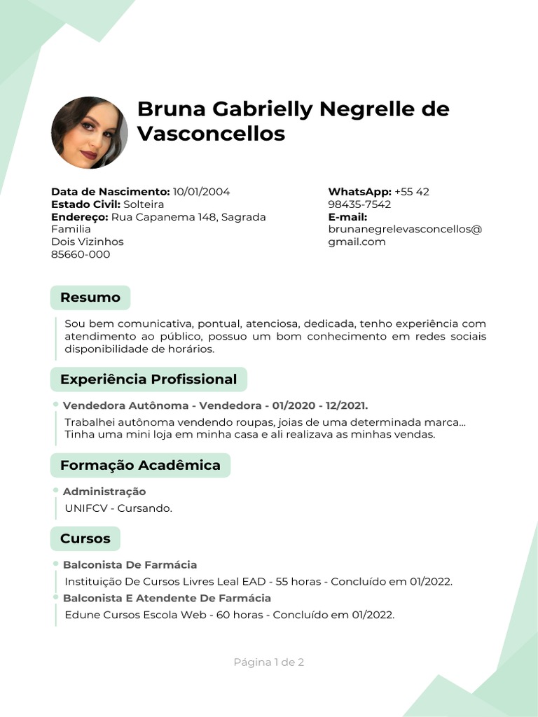 Currículo de Bruna Gabrielly Vasconcellos | PDF