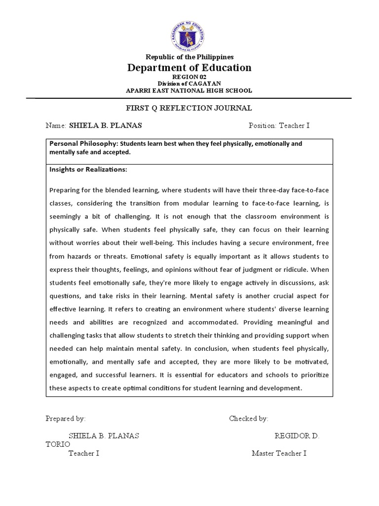 Reflection Journal | PDF | Teachers | Learning