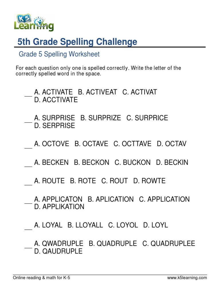 5th Grade Spelling Worksheets