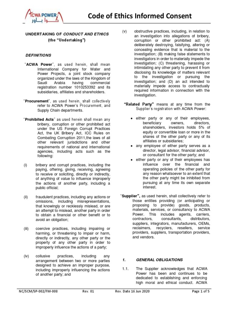 Undertaking Code of Ethics | Download Free PDF | Trade Secret | Employment
