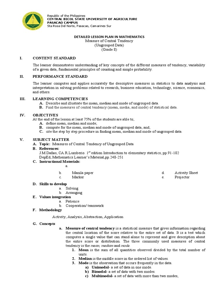 Grade 8 LP Measures of Central Tendency Ungrouped Data | PDF | Mode ...