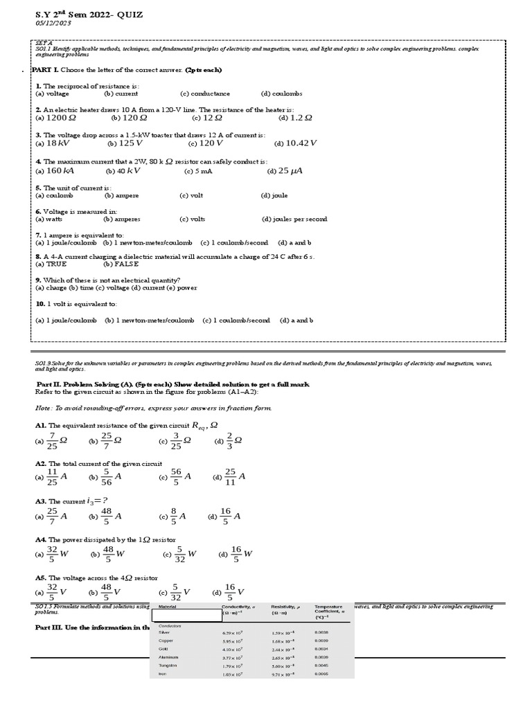 Quiz 2 | PDF | Volt | Electrical Resistance And Conductance