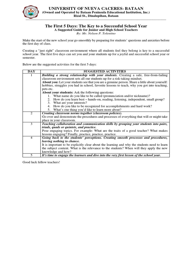 A Guide To The First 5 Days of School | PDF | Teachers | Learning