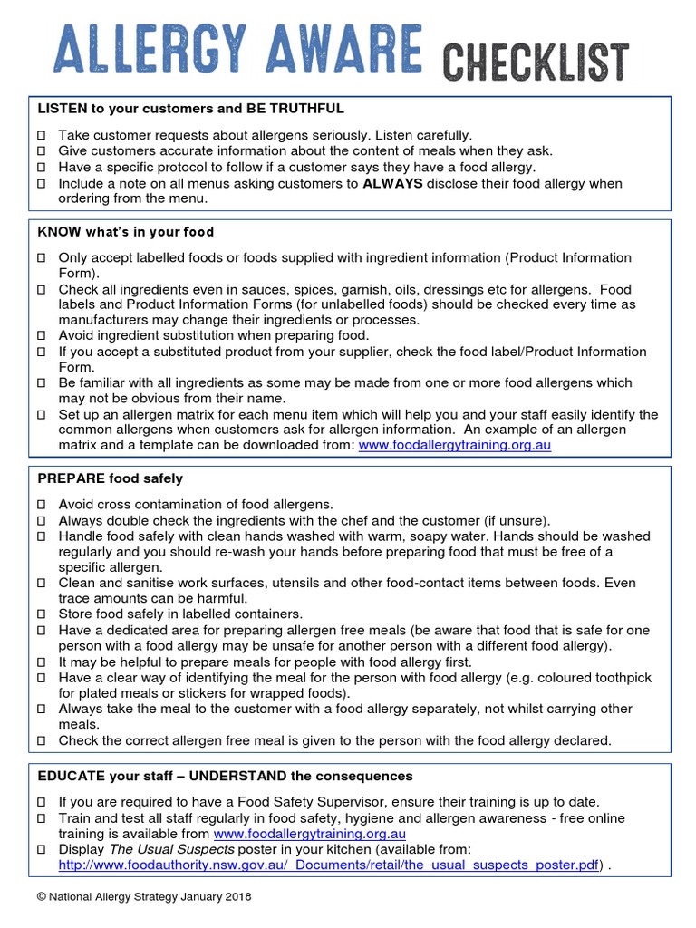 Allergy Aware Checklist | PDF | Food Allergy | Menu