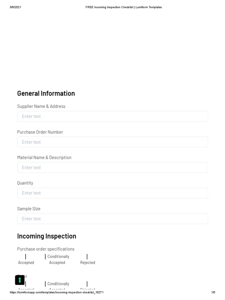 Free Incoming Inspection Checklist | PDF | Health Care
