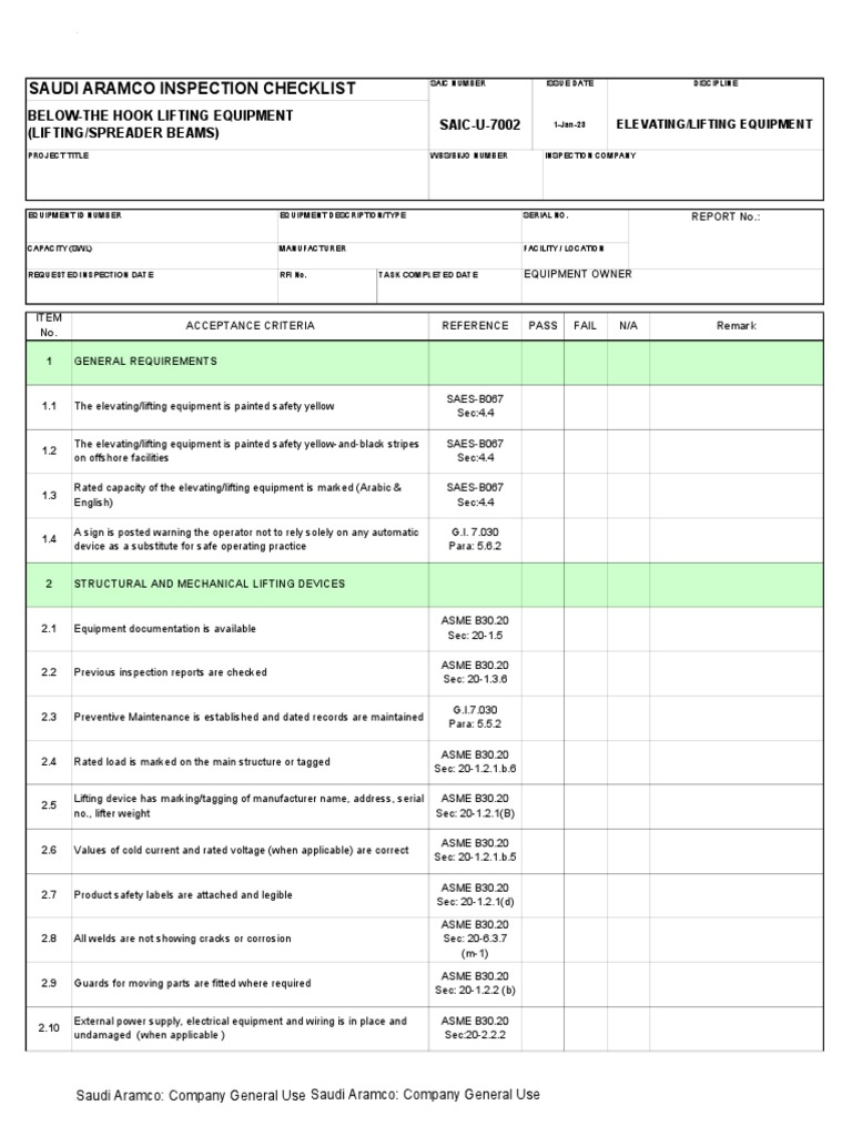 Aramco Lifting Equipment Checklist | PDF