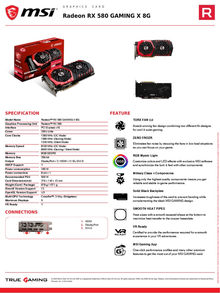 Msi Radeon RX 580 Gaming X 8g Datasheet | PDF | Hdmi | Office Equipment