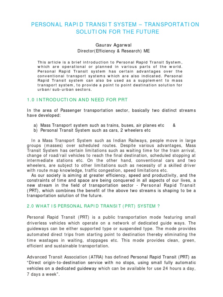 Personal Rapid Transit (PRT) System: Transportation Solution For The ...