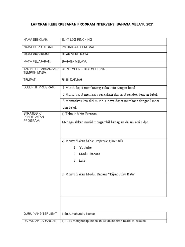Laporan Keberkesanan Program Intervensi Bahasa Melayu 2021 | PDF