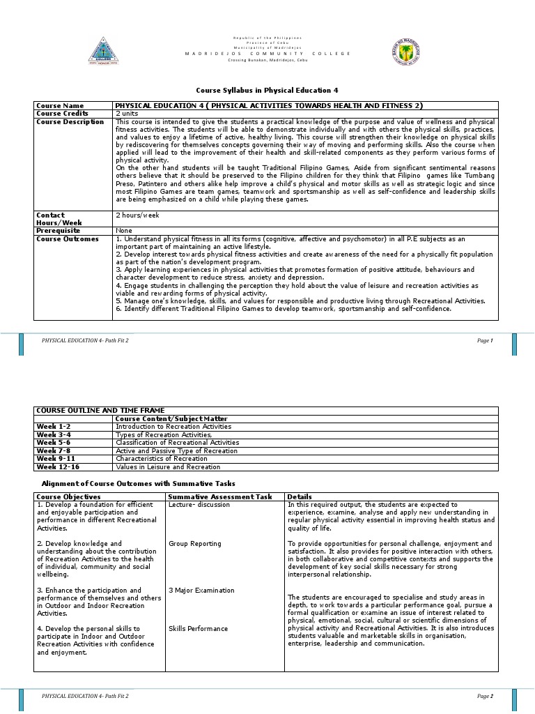 Syllabus P.E 4 | PDF | Recreation | Learning