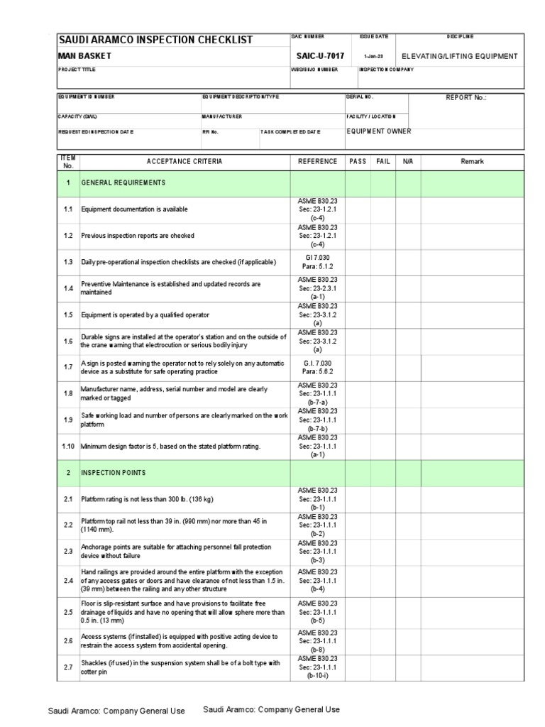 Saudi Aramco Man Basket Inspection Checklist | PDF