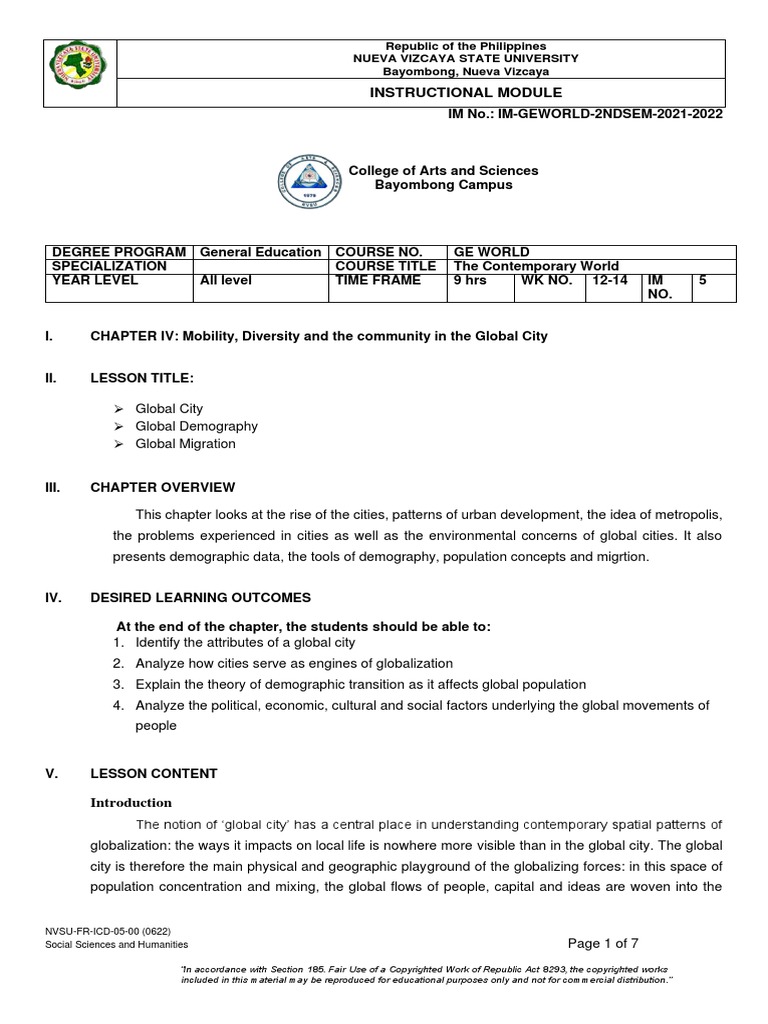 MODULE - Global City - Week 12 14 | PDF | Globalization | Demography