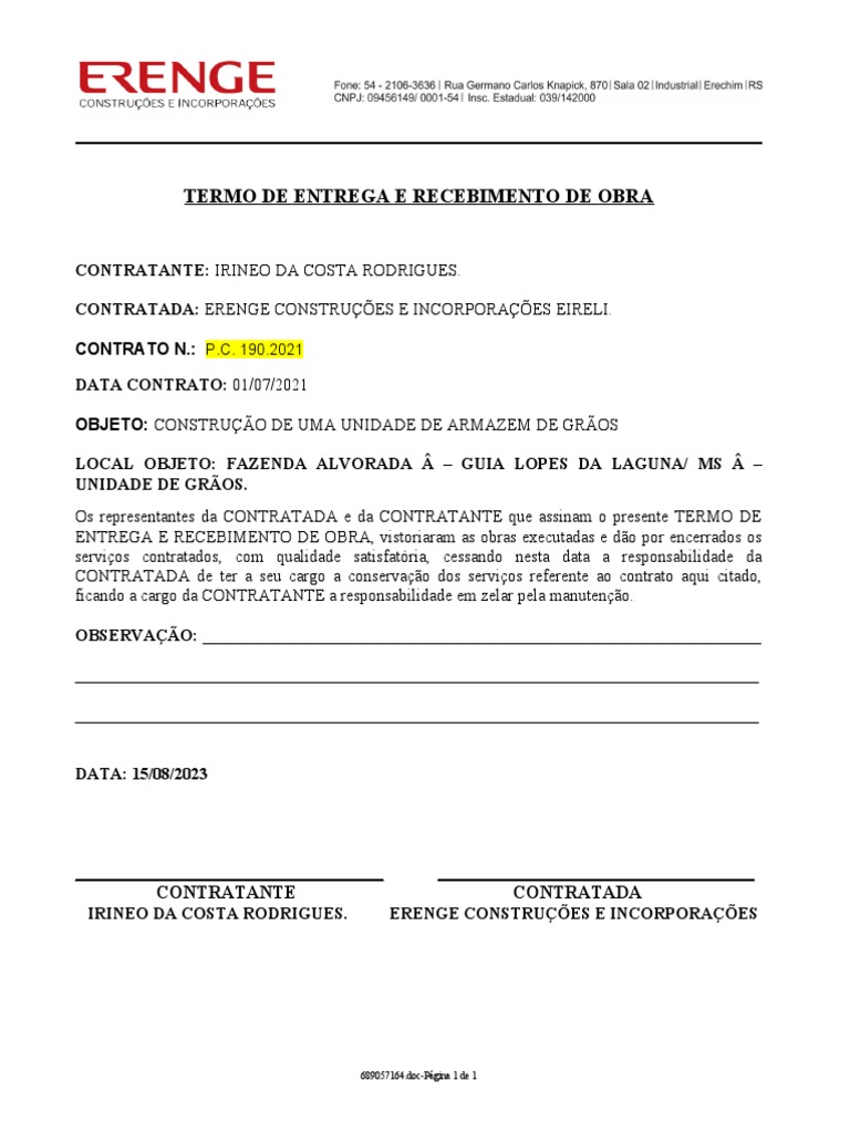 Termo de Entrega e Recebimento de Obra Atualizado 14.08 | PDF