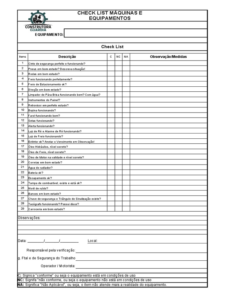 Check List de Equipamentos e Segurança | PDF