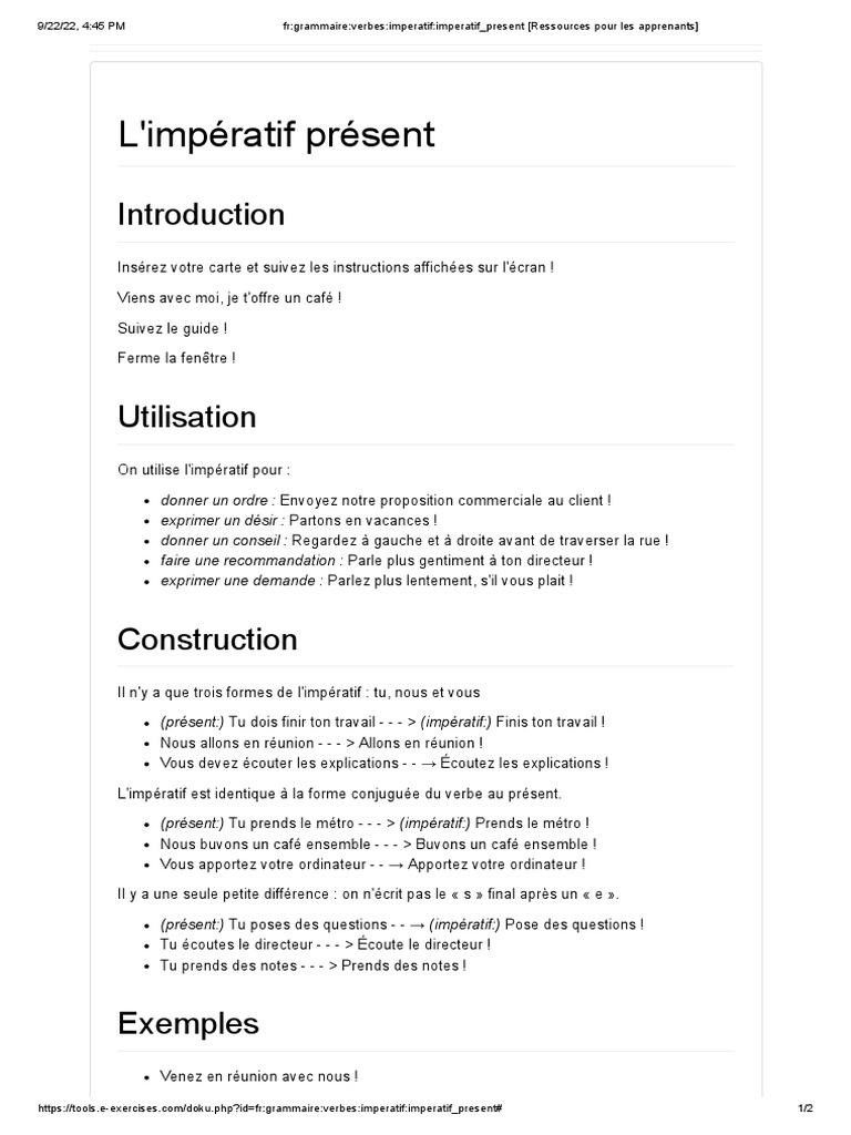 FR - Grammaire - Verbes - Imperatif - Imperatif - Present (Ressources ...
