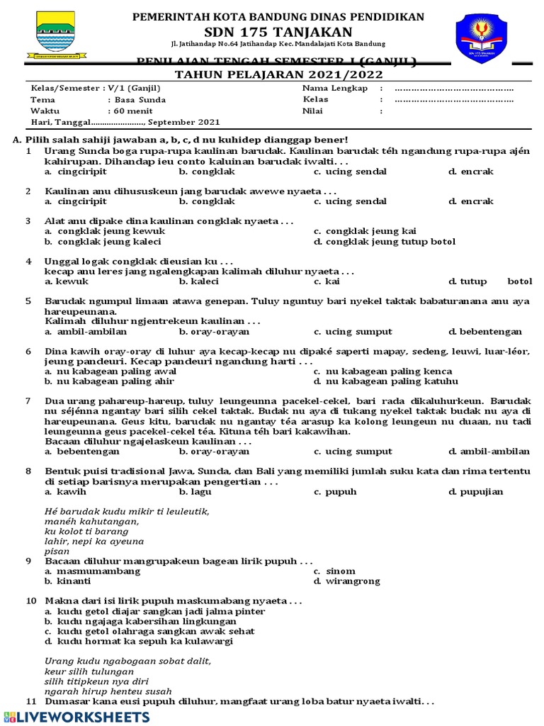 Soal PTS Basa Sunda Kelas 5 | PDF | Seni & Disiplin Bahasa | Puisi