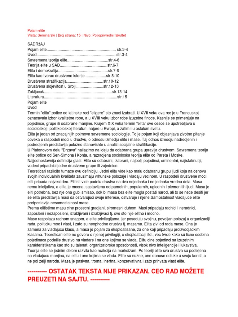 Pojam Elite - Seminarski | PDF